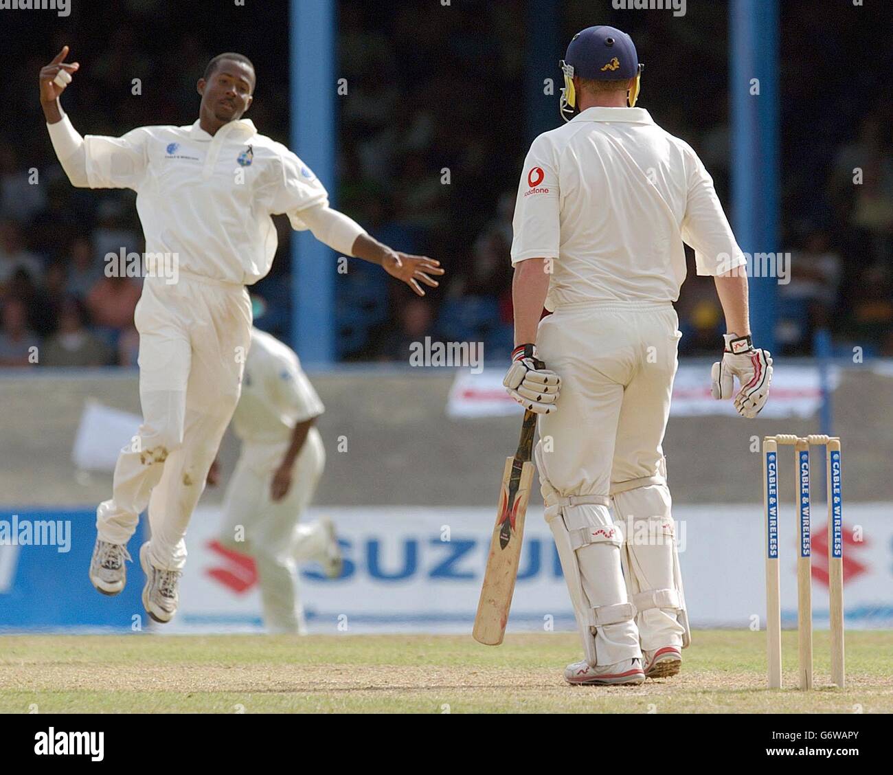 West Indian bowler Devon Smith celebrates having England's Andrew ...