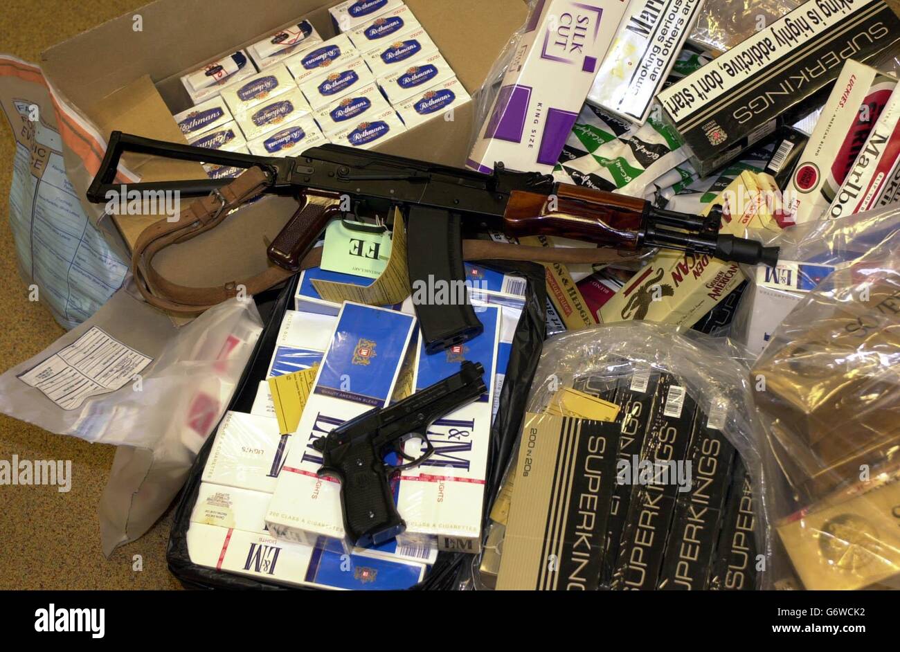 Seized goods in raid on properties Stock Photo - Alamy