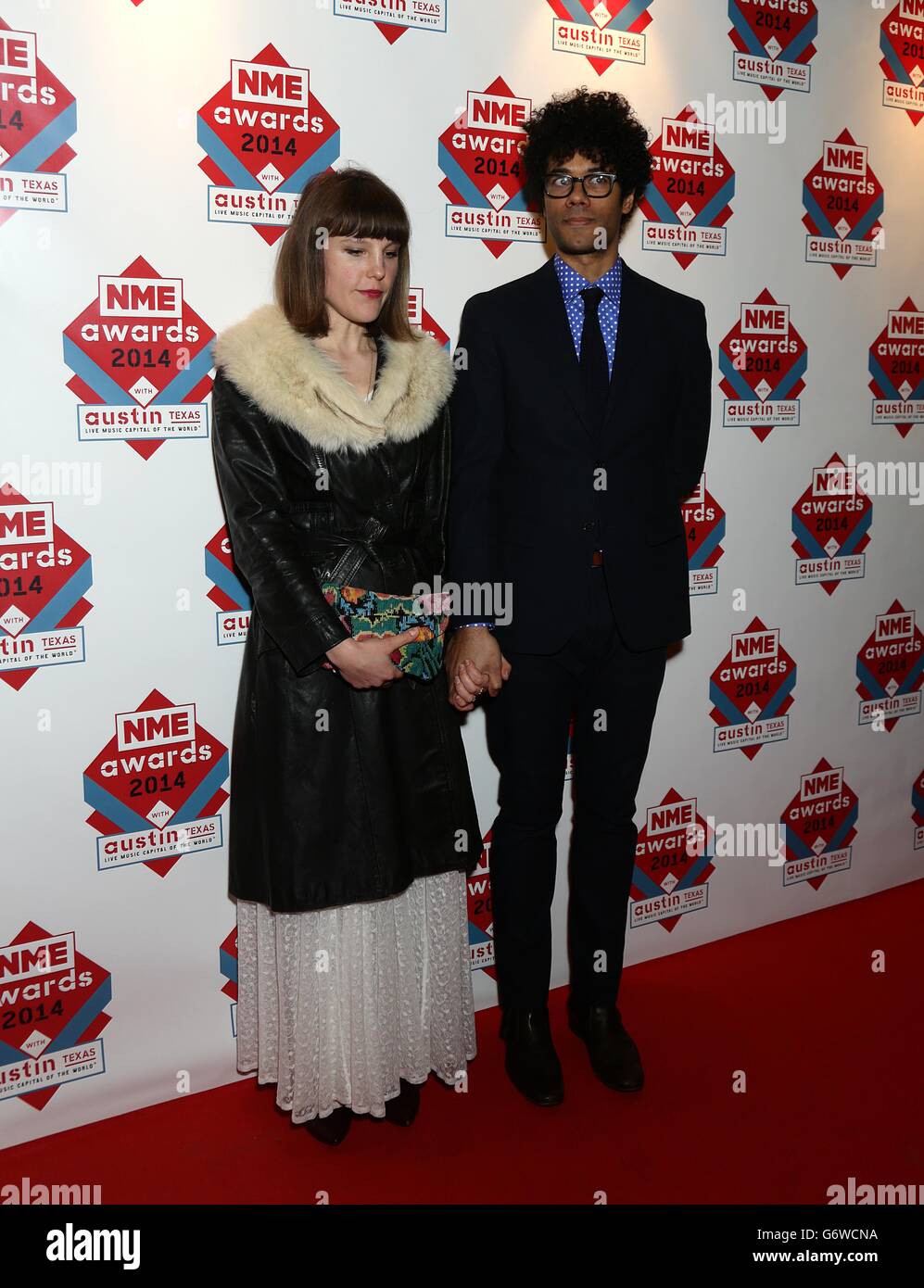 Richard Ayoade and Lydia Fox arriving for the 2014 NME Awards, at ...