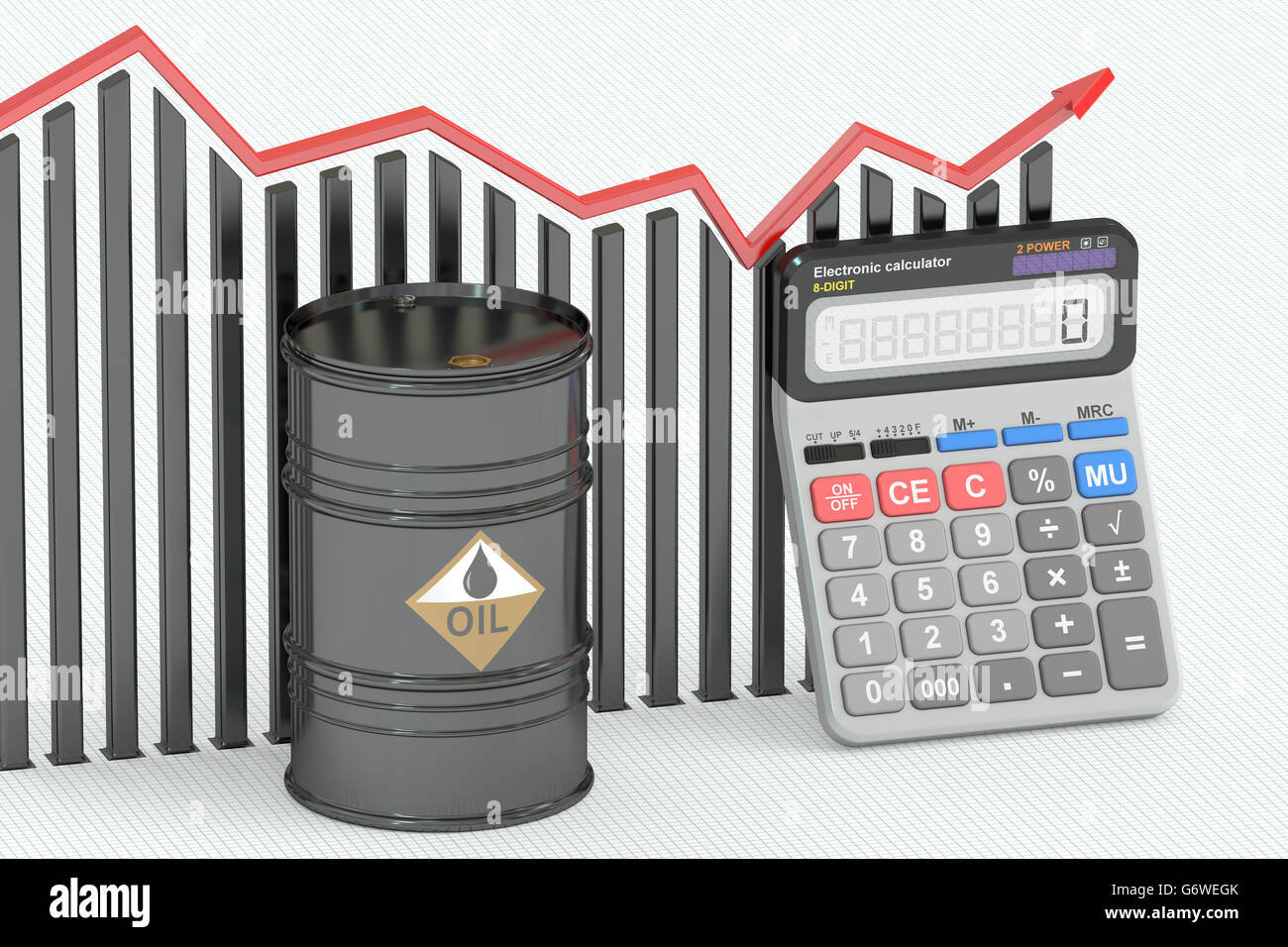 Oil price concept, chart with calculator and oil barrel. 3D rendering ...