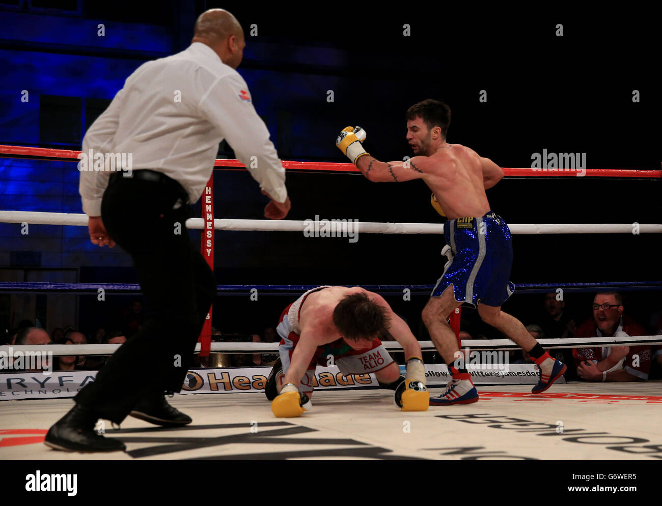 Lee Haskins (right) knocks down Luke Wilton during their Bantam weight ...