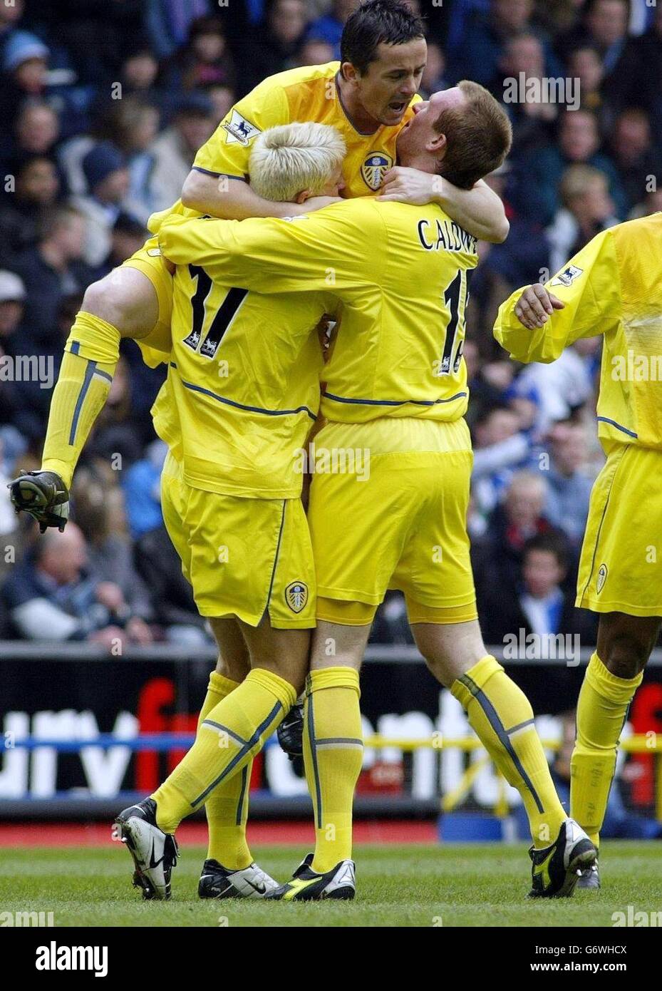 Steven Caldwell (right) of Leeds United celebrates his goal against ...