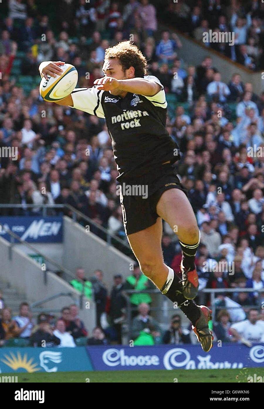Newcastle's Joe Shaw celebrates his try against Sale during the ...