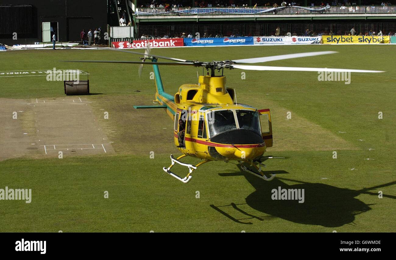 Helicopter is used to dry the outfield at the Bourda Oval Stock Photo ...
