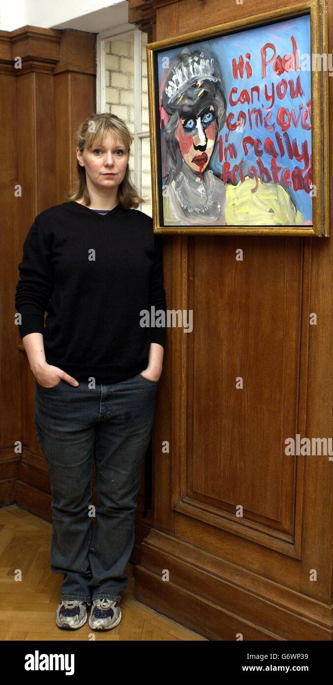 Artist Stella Vine poses next to her portrait of Princess Diana ...