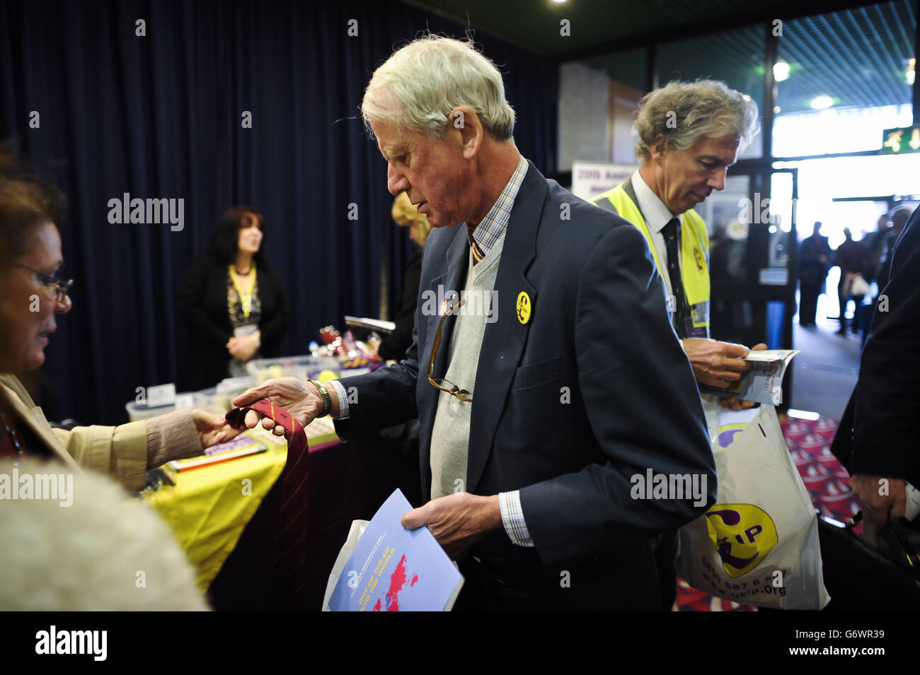 UKIP supporters have a look at merchandise in the reception area of the ...