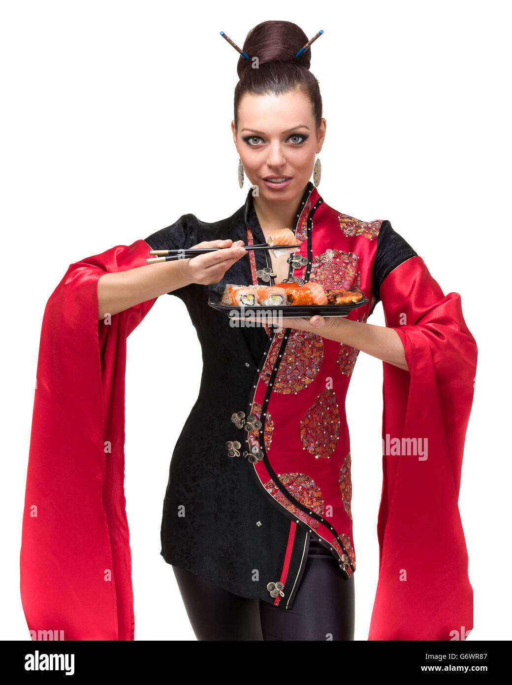 woman in traditional red dress with eastern food Stock Photo - Alamy