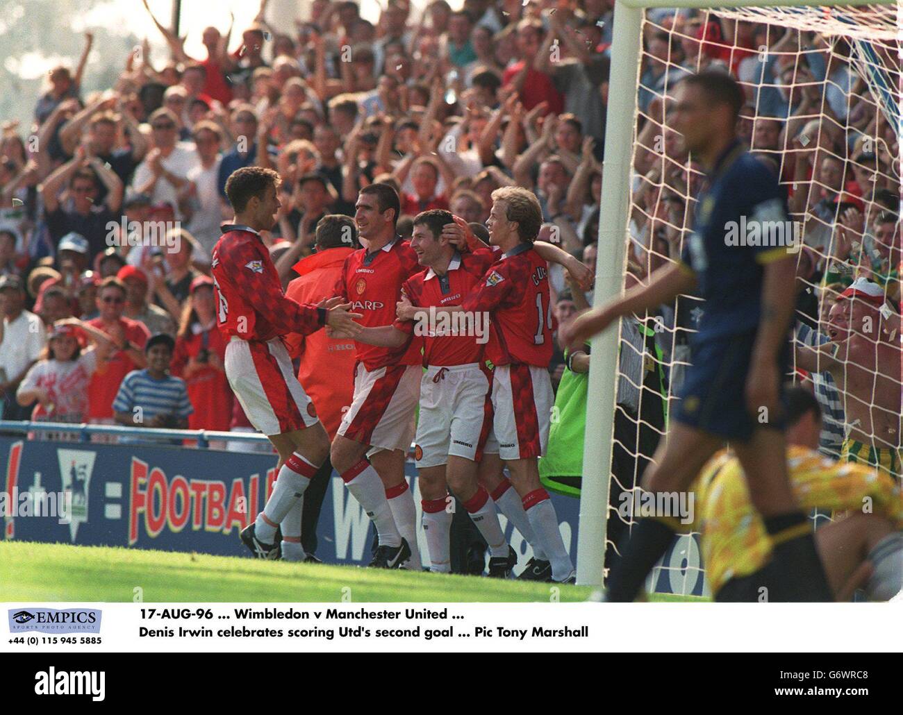 17-AUG-96. Wimbledon v Manchester United. Denis Irwin celebrates ...