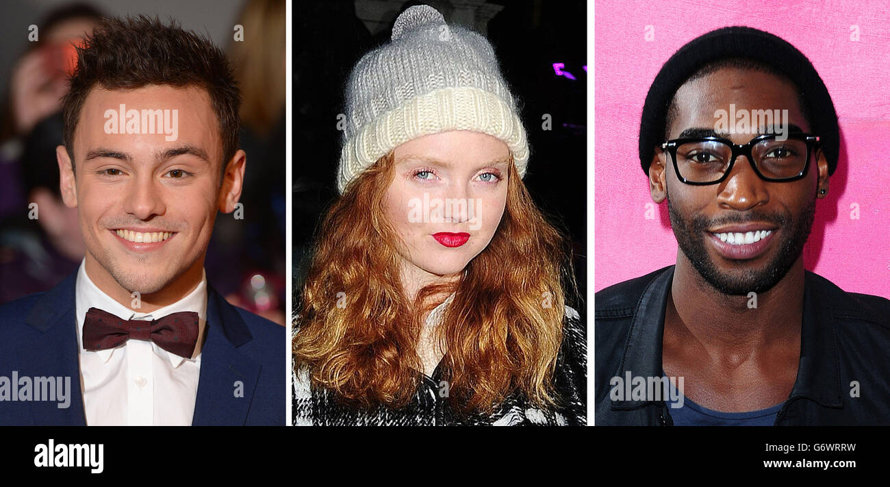 Undated file photos of (left to right) Tom Daley, Lily Cole and Tinie ...