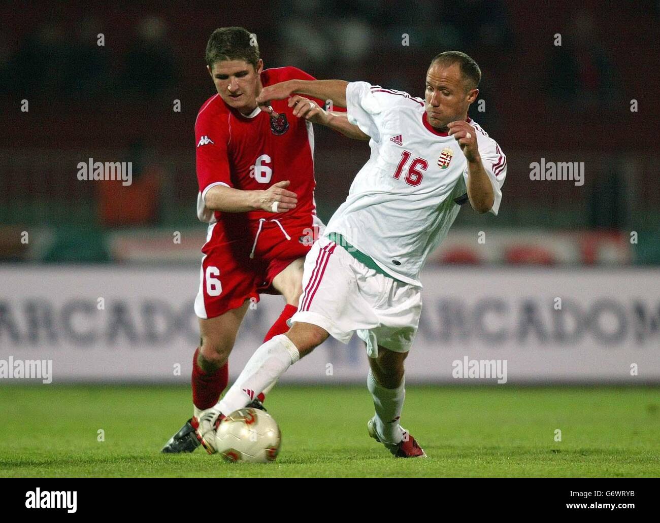 Wales' Carl Robinson challenges Balazs Toth of Hungary during their ...