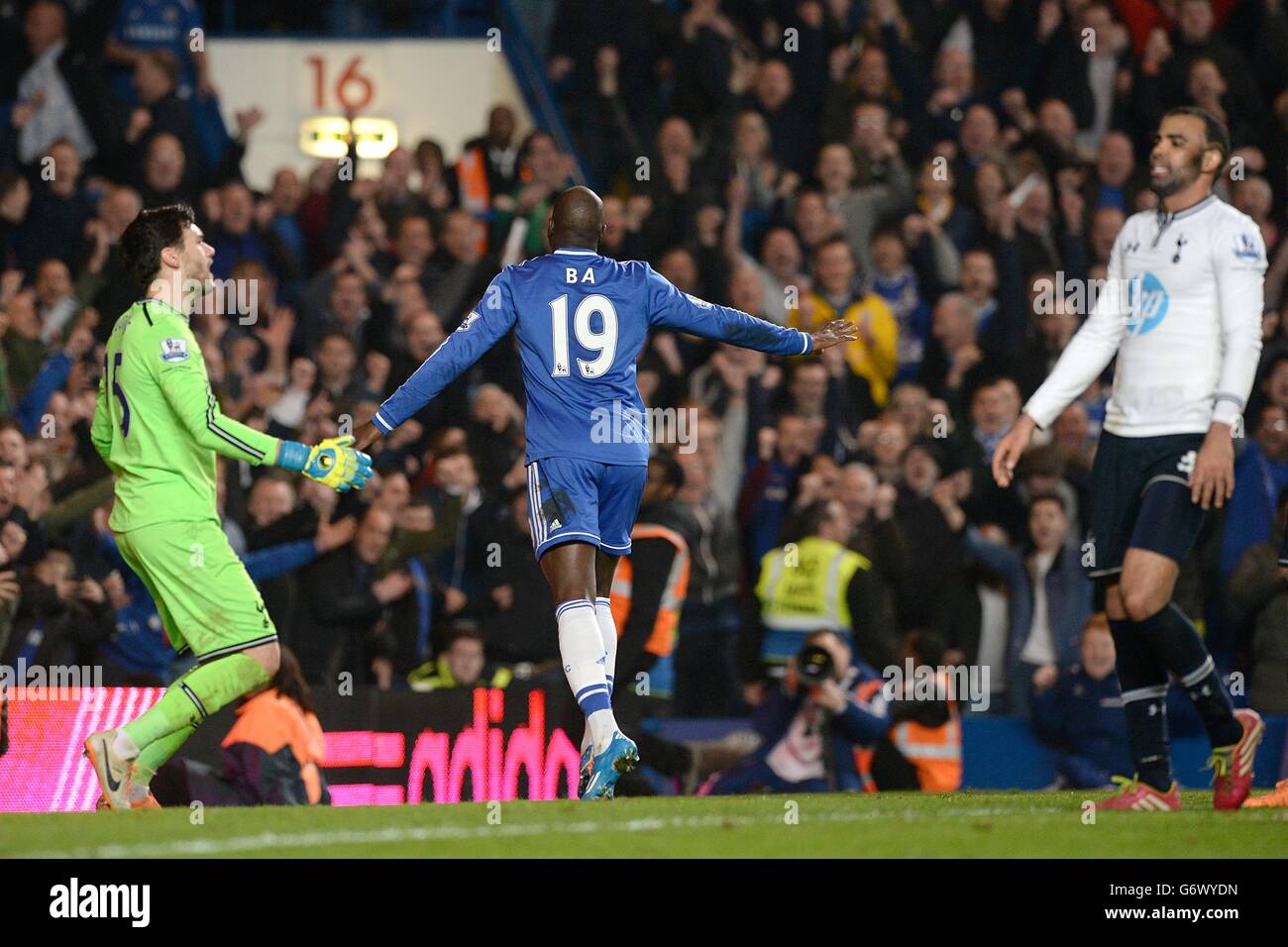 Chelsea's Demba Ba (centre) celebrates scoring their third goal of the ...