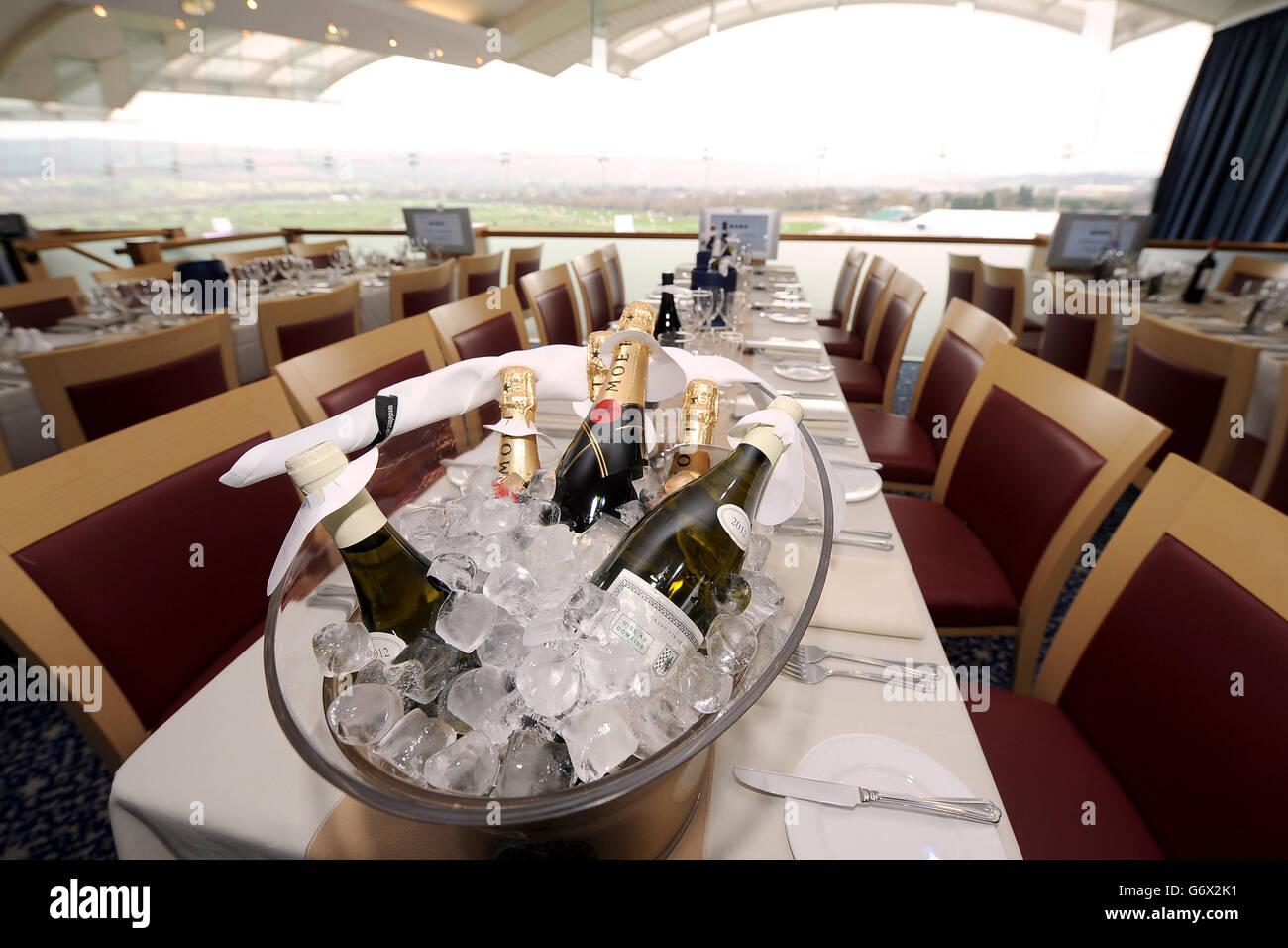General view of the table settings inside the Panoramic restaurant ...