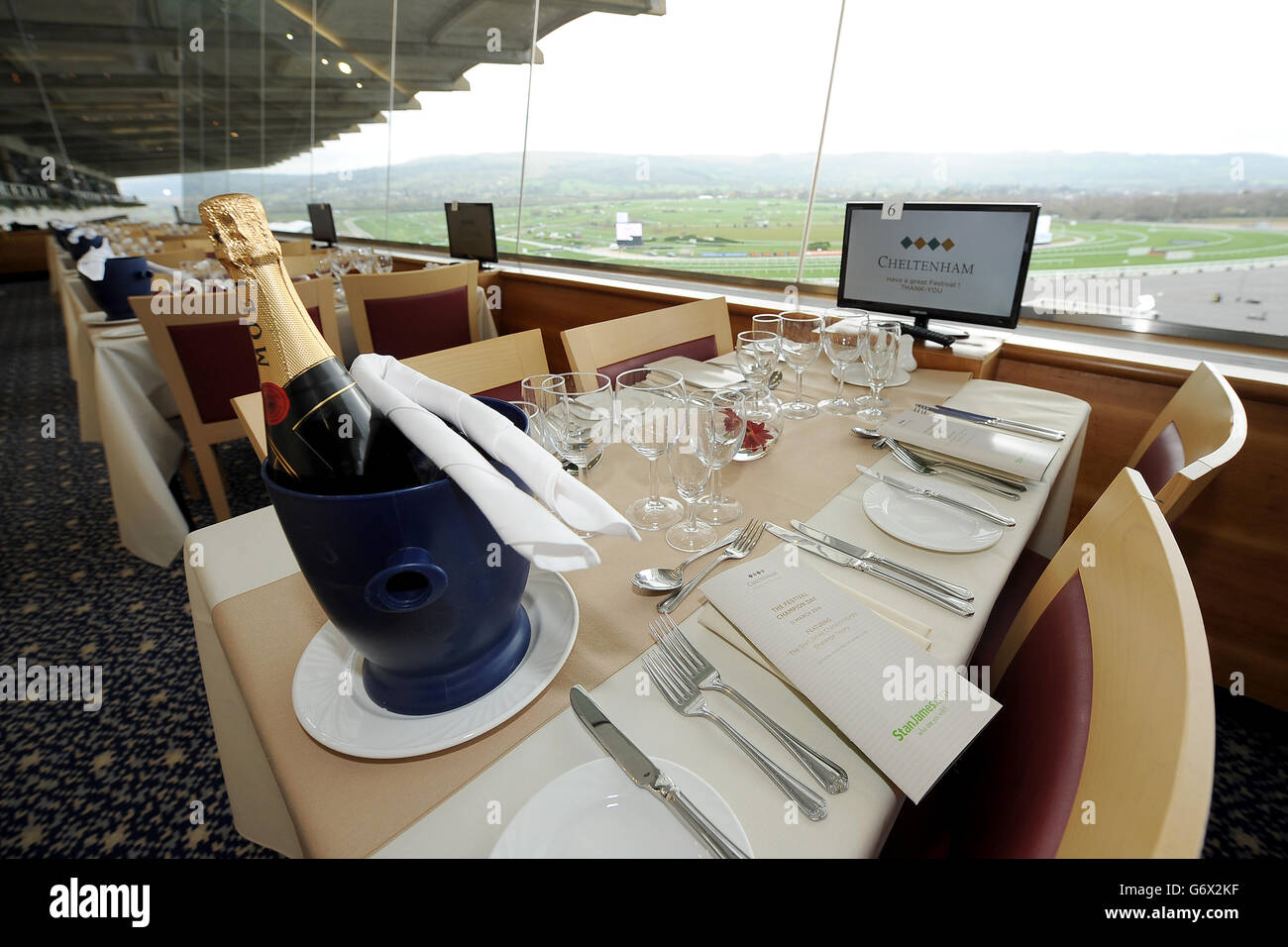 General view of the table settings inside the Panoramic restaurant ...
