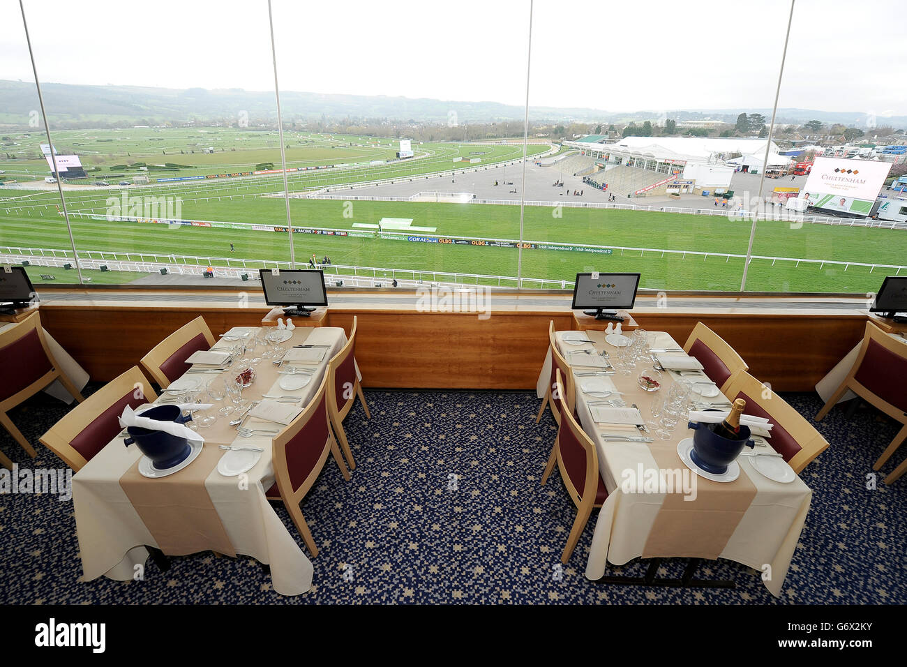 General view of the table settings inside the Panoramic restaurant ...