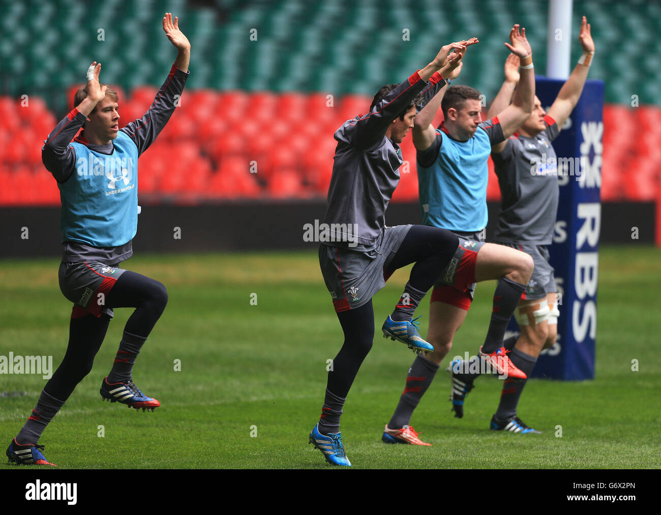 Wales's Liam Williams (left) warms up with James Hook (centre) and Alex ...