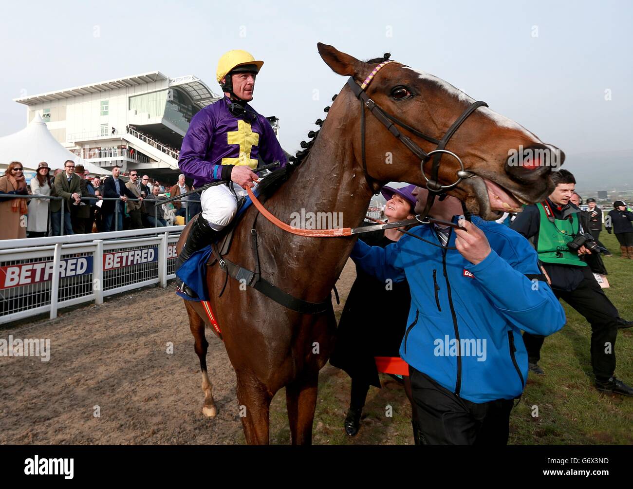 Jockey Davy Russell on board Lord Windermere after winning the Betfred ...