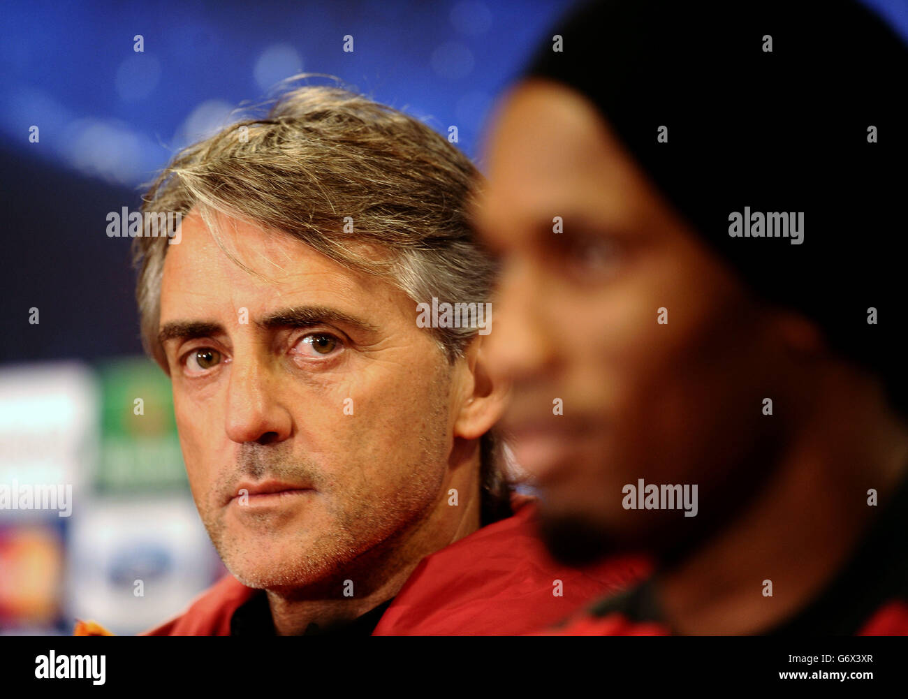 Galatasary Coach Roberto Mancini with Didier Drogba during a press ...