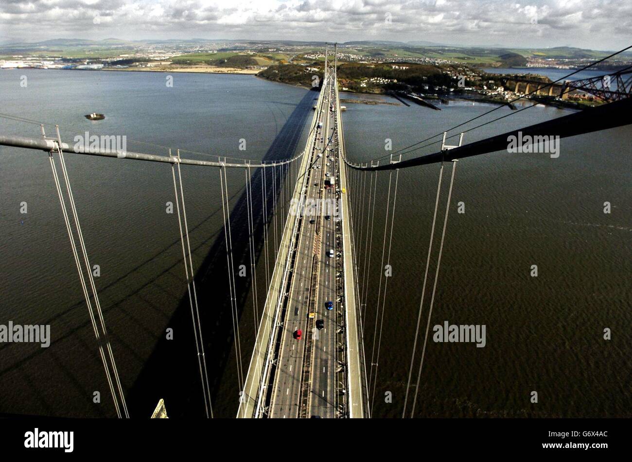 A view of Fife from the South Tower of the Forth Road Bridge. The Forth ...