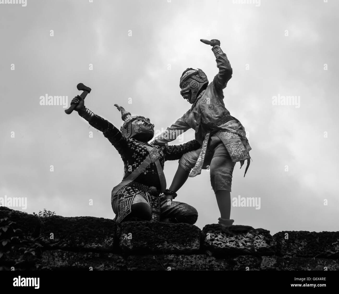 Hanuman and ogre fighting with knife and ax, Terrace of the Elephants ...