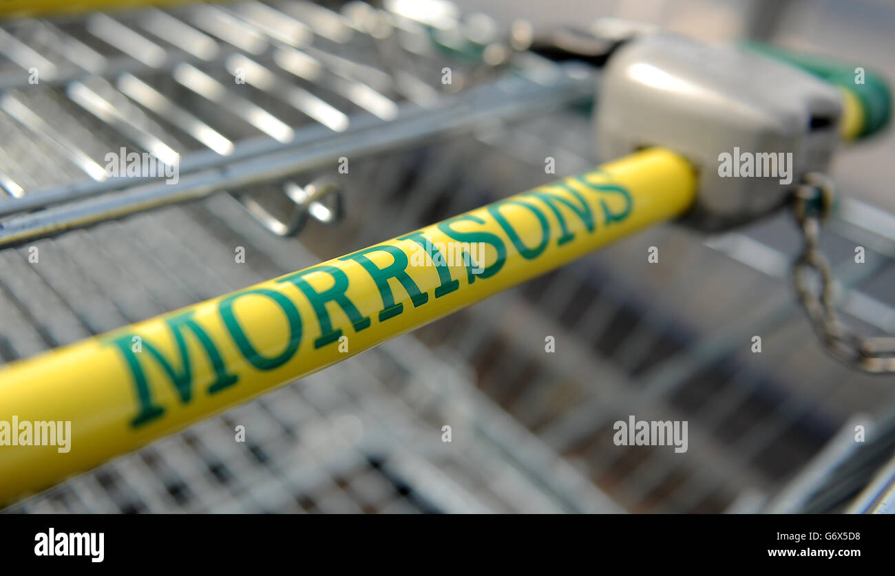 General view of signage for Morrisons supermarket on a trolley handle ...