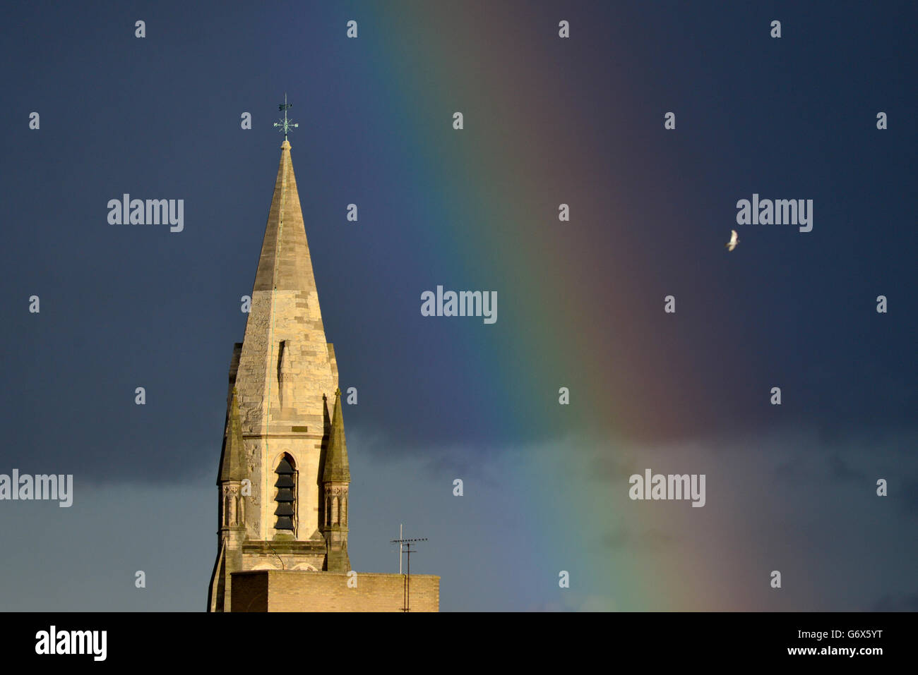 A rainbow above St Peter's church in Nottingham after a sudden downpour ...