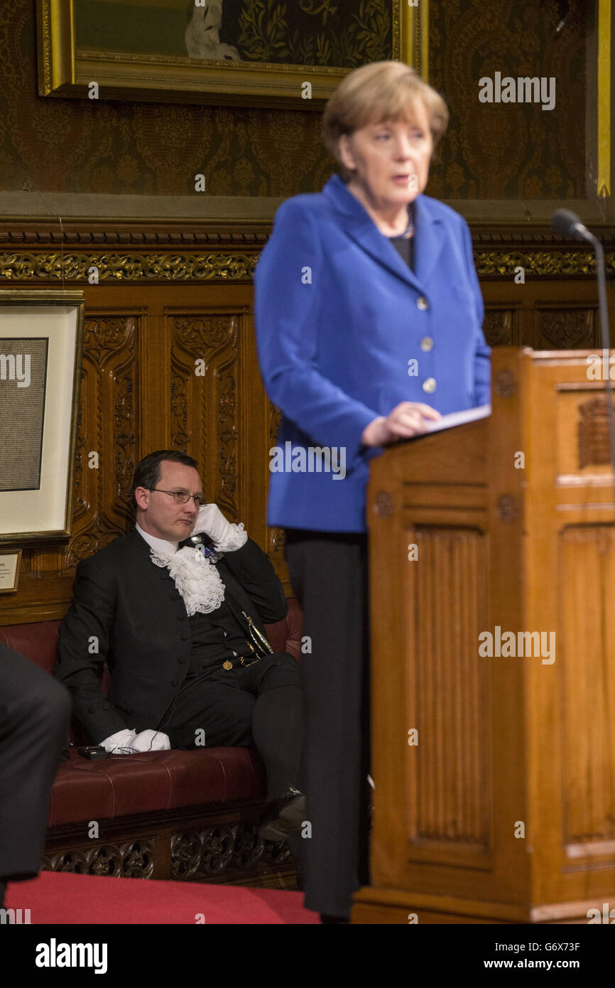 German Chancellor Angela Merkel delivers a speech in the Royal Gallery ...