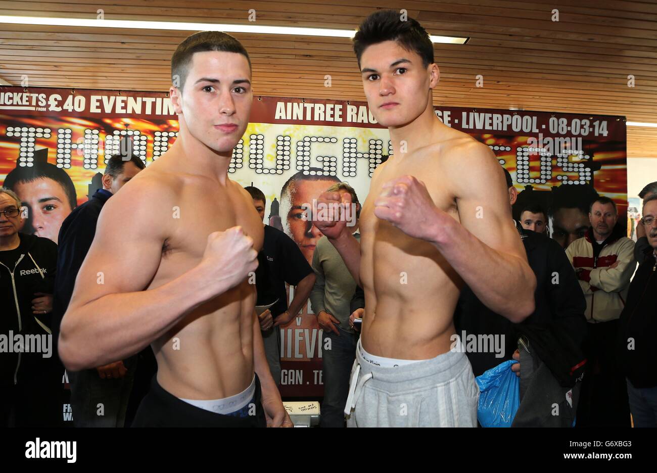 Boxing - All Boxers Weigh-In - Aintree Racecourse. Ronnie Heffron (left) and John Thain on the ...