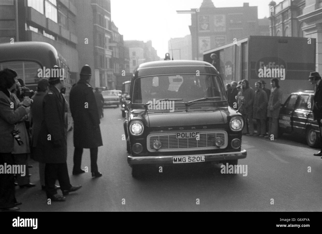 A closed police van, with Ian Ball inside, arrives at Bow Street Court ...