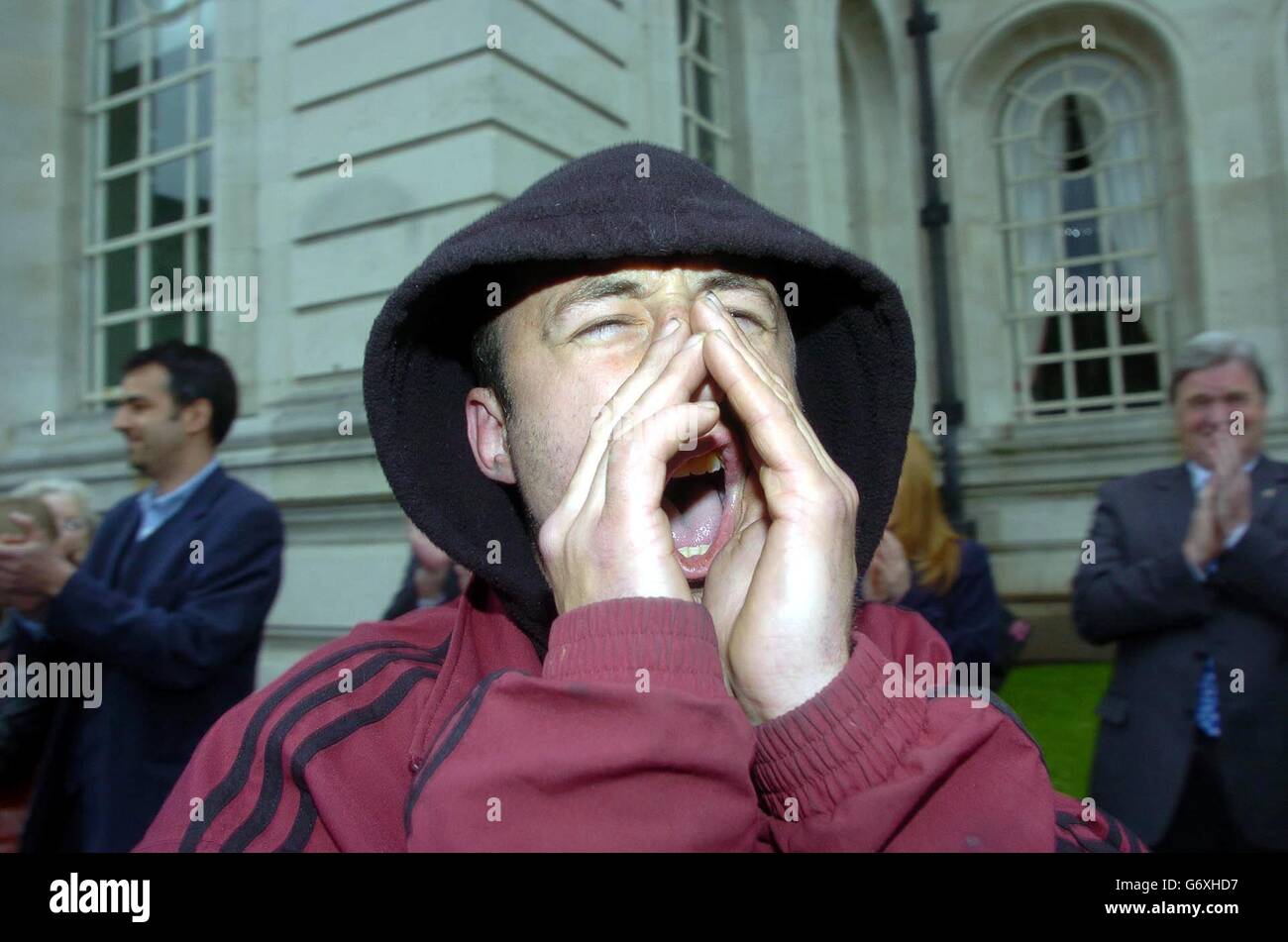 A heckler hurls abuse in the direction of Michael Howard Stock Photo ...