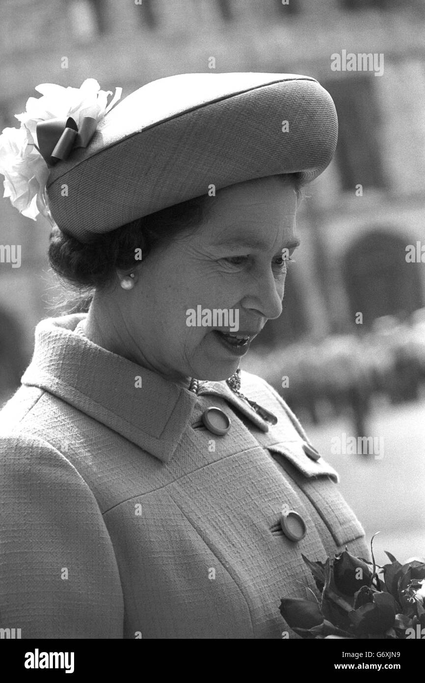 The Queen reviewing a parade of Queen's Scouts at Windsor Castle when ...