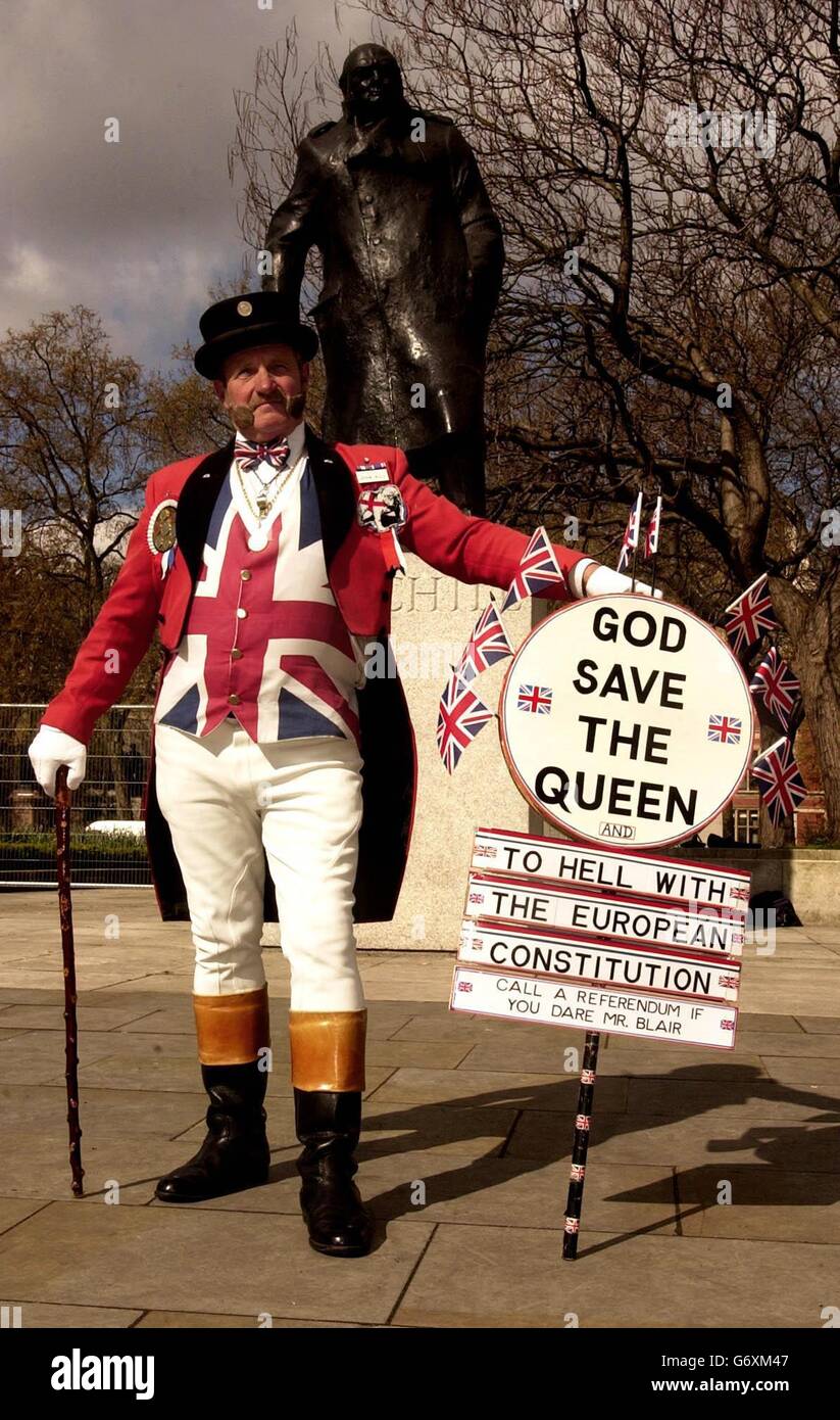 'John Bull', aka Ray Egan, from Birmingham, stands in Westminster ...