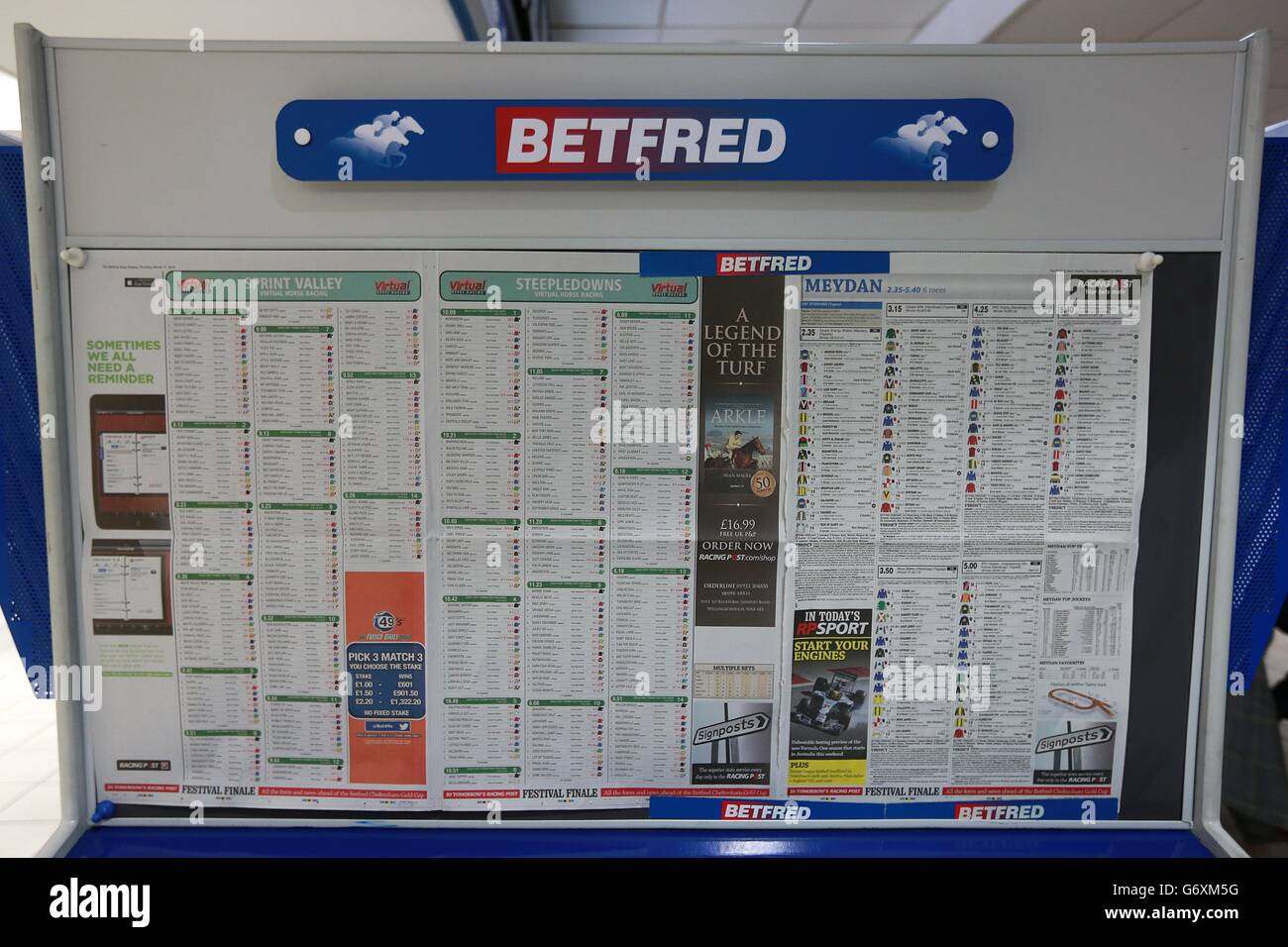 The odds board in the Betfred bookmakers on St Patrick's Day, during ...