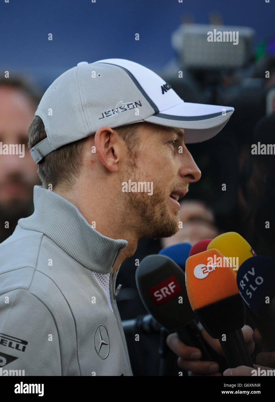Great Britain's Jenson Button of McLaren Mercedes is interviewed after ...