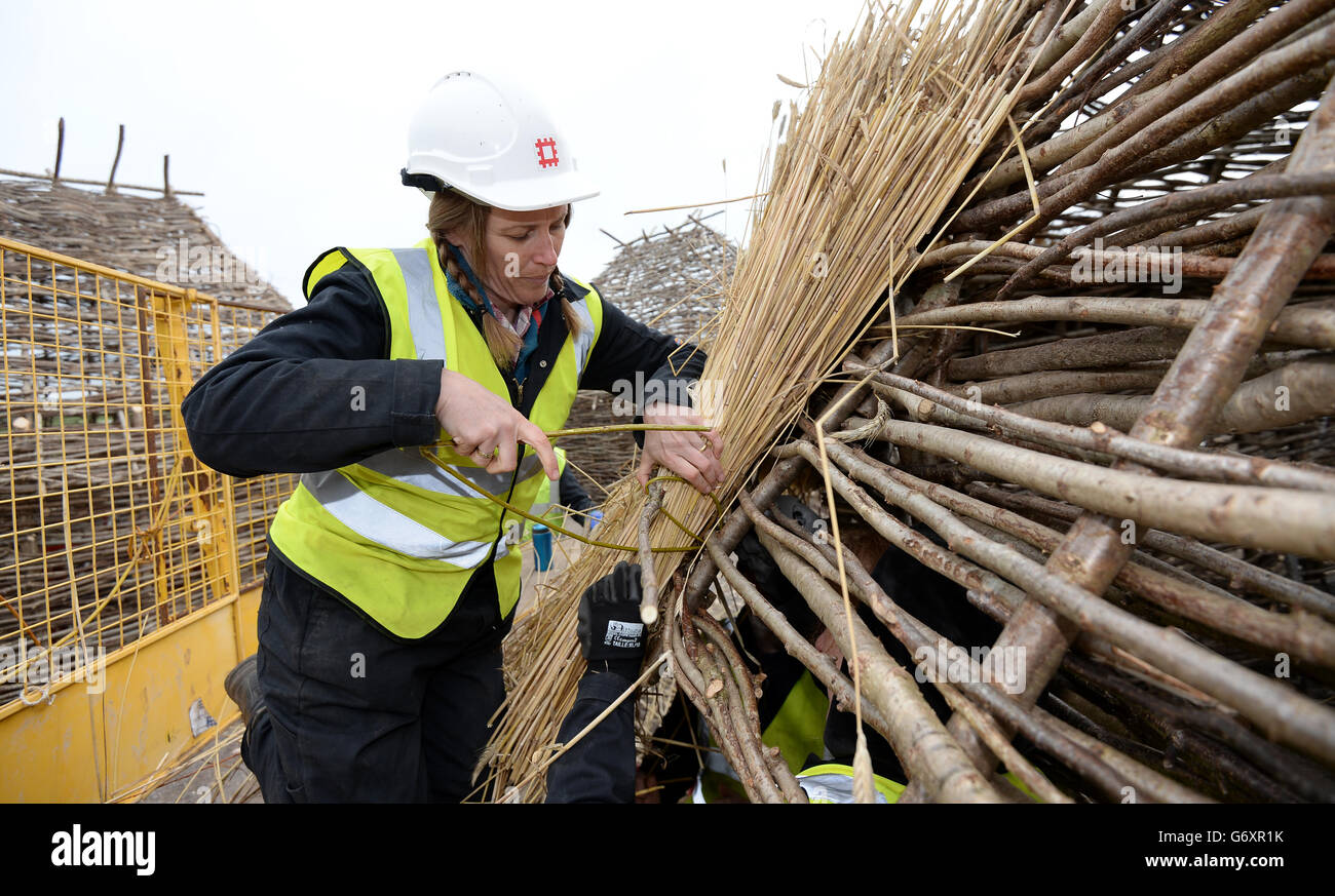 English Heritage volunteer Suzanne Dunstan helps thatch one of the five ...