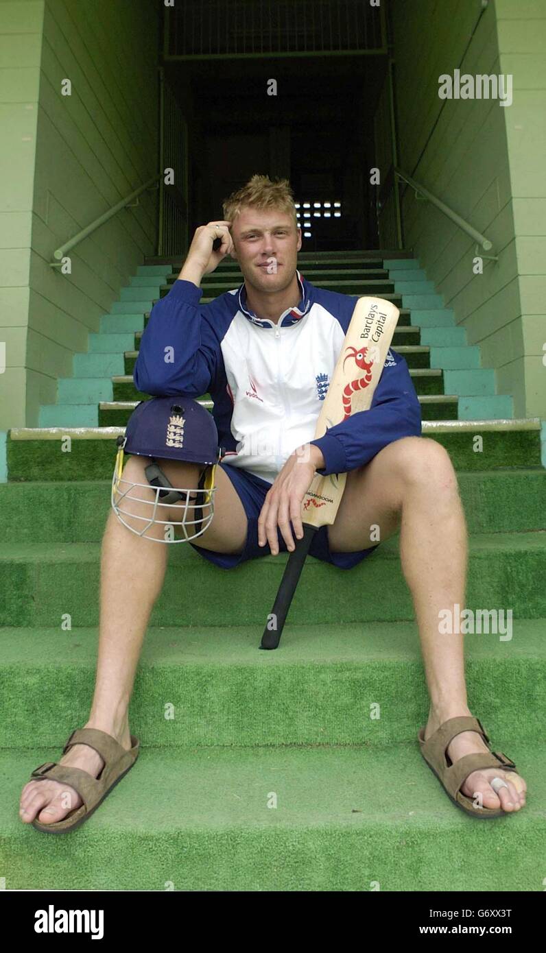 England cricketer Andrew Flintoff relaxes on the steps of the Sir Gary ...