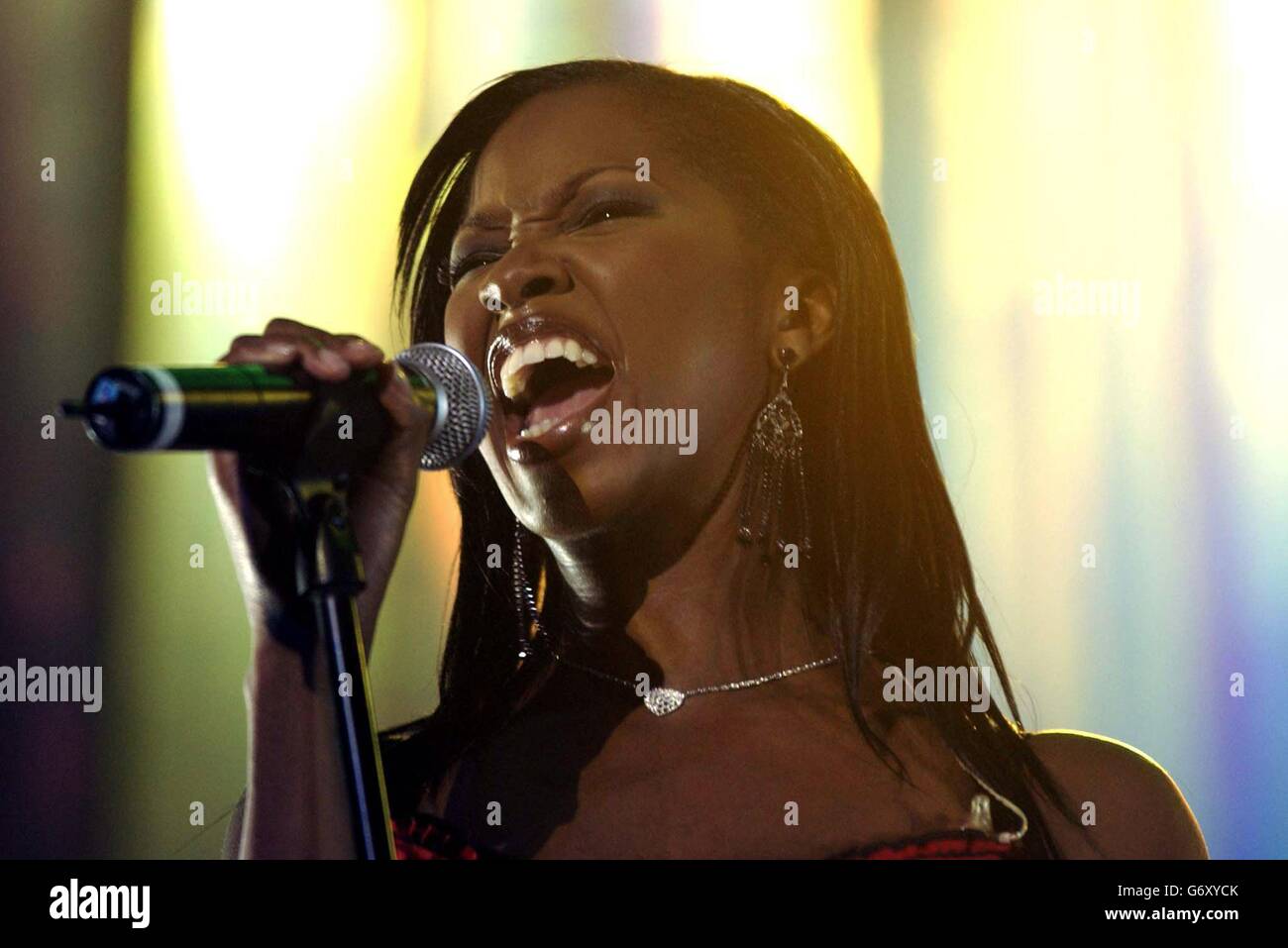 Showbiz music festival celebrity performing on stage singing head ...