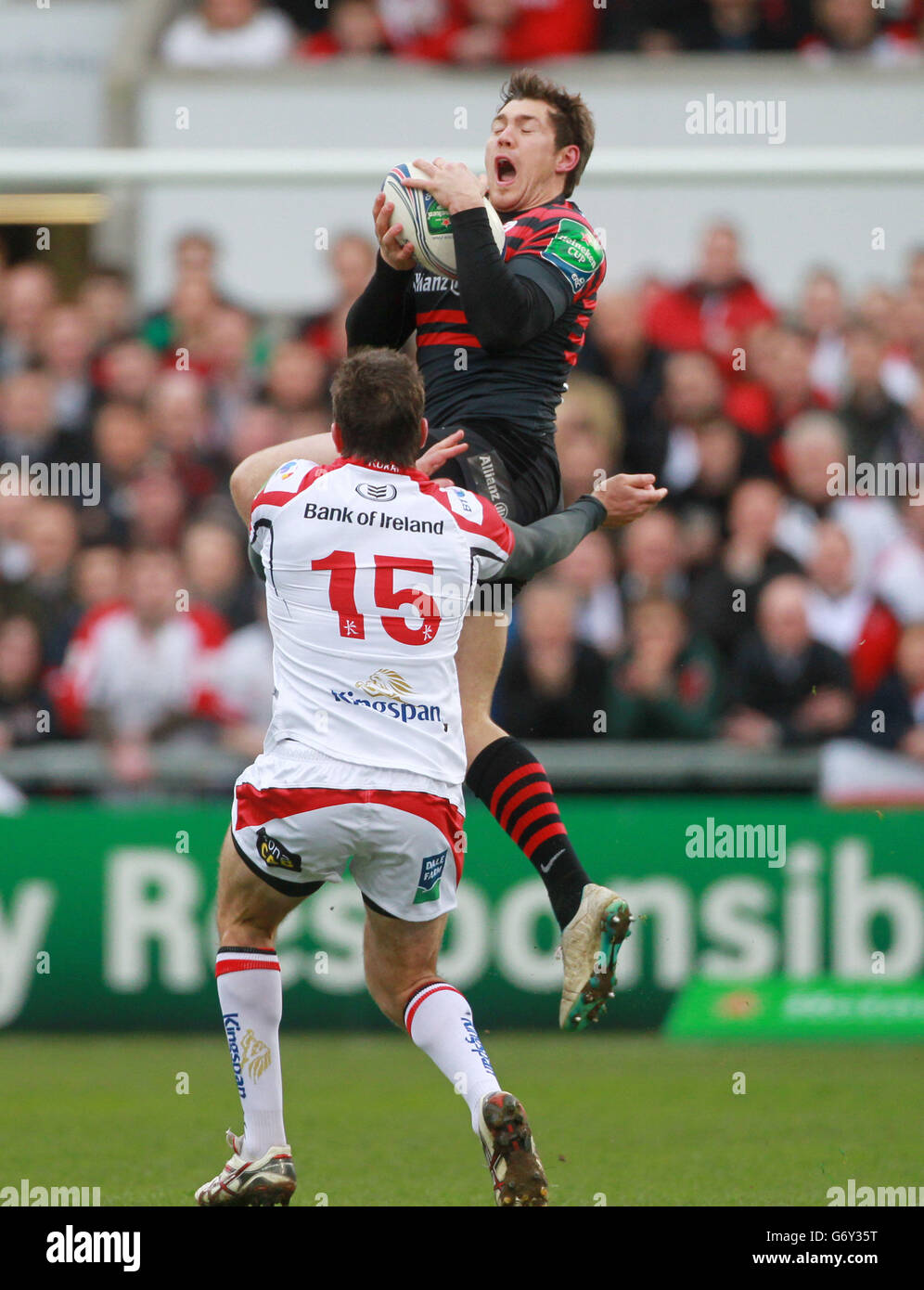 Ulster's Jared Payne in action against Saracens' Alex Goode during the ...