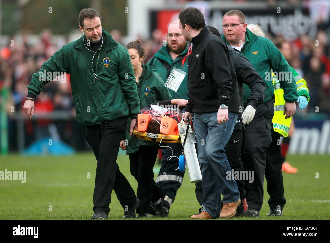 Saracens' Alex Goode is stretchered off following after a mid-air ...
