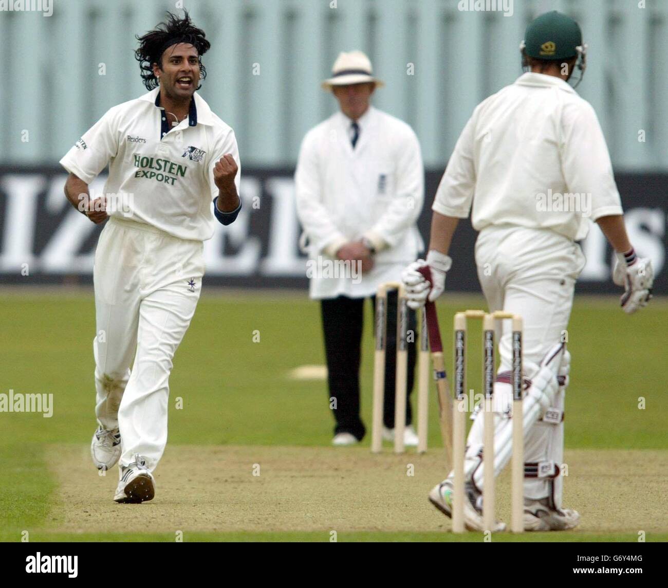 Kent bowler Alan Sheriyar celebrates taking two wickets in successive ...