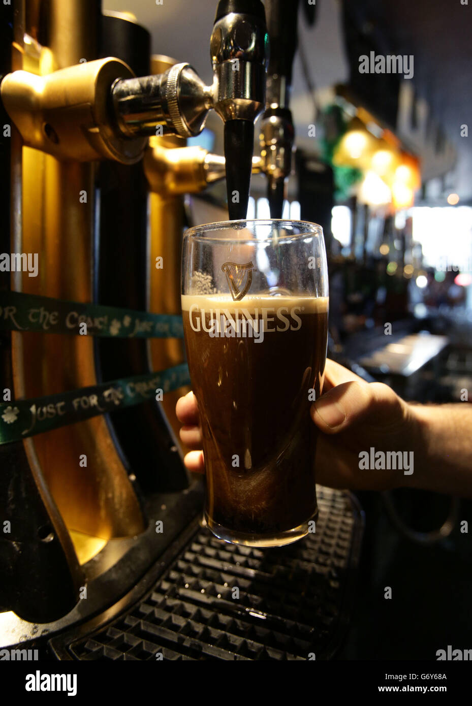 Bar staff pouring a pint of Guinness during St Patricks Day ...