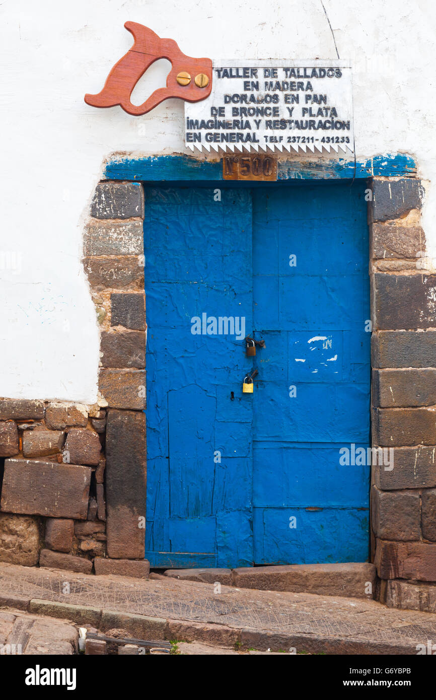 Workshop entrance at 500 Cuestra de San Blas in Cusco, Peru Stock Photo ...