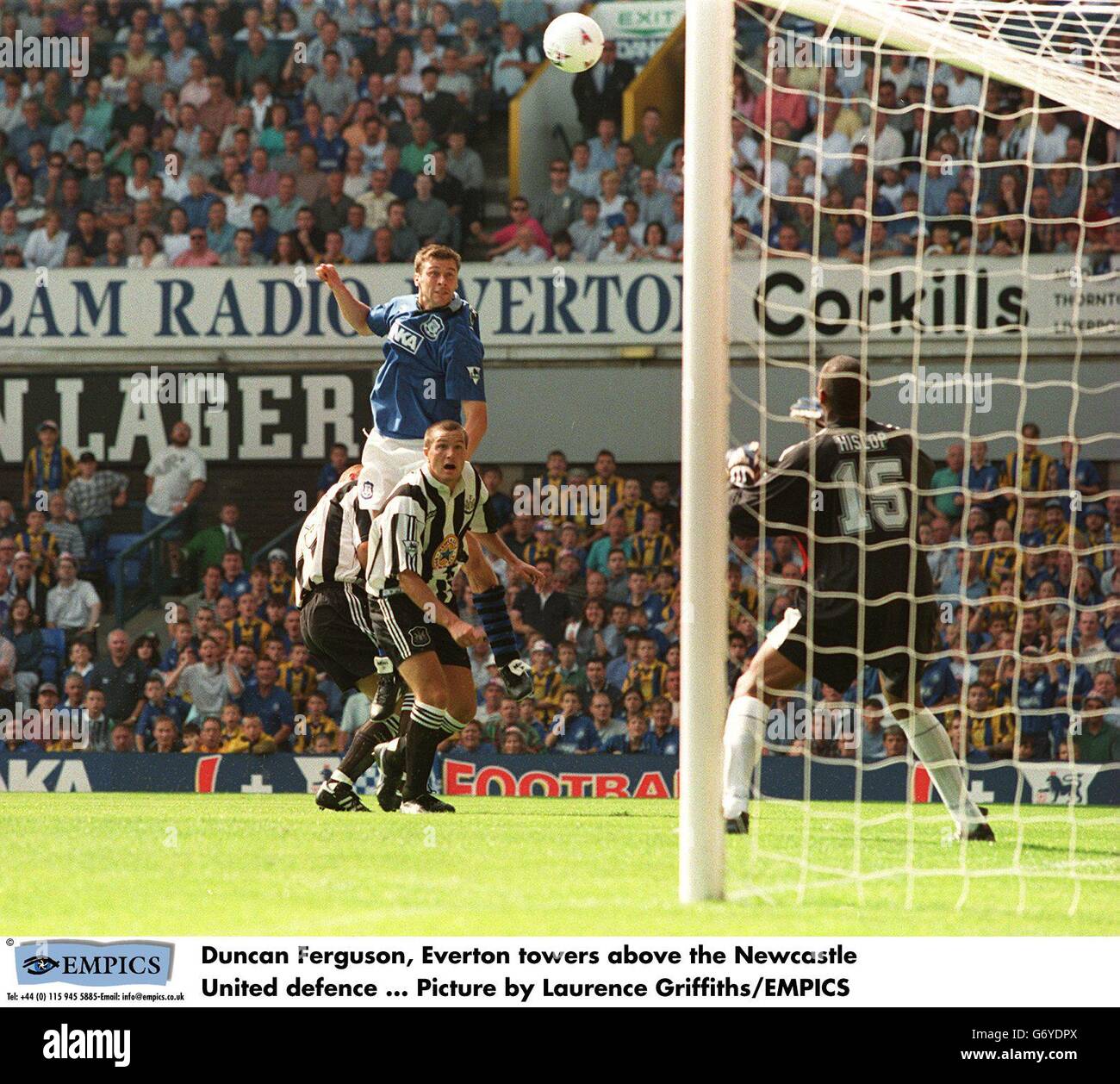Duncan Ferguson, Everton towers above the Newcastle United defence ...