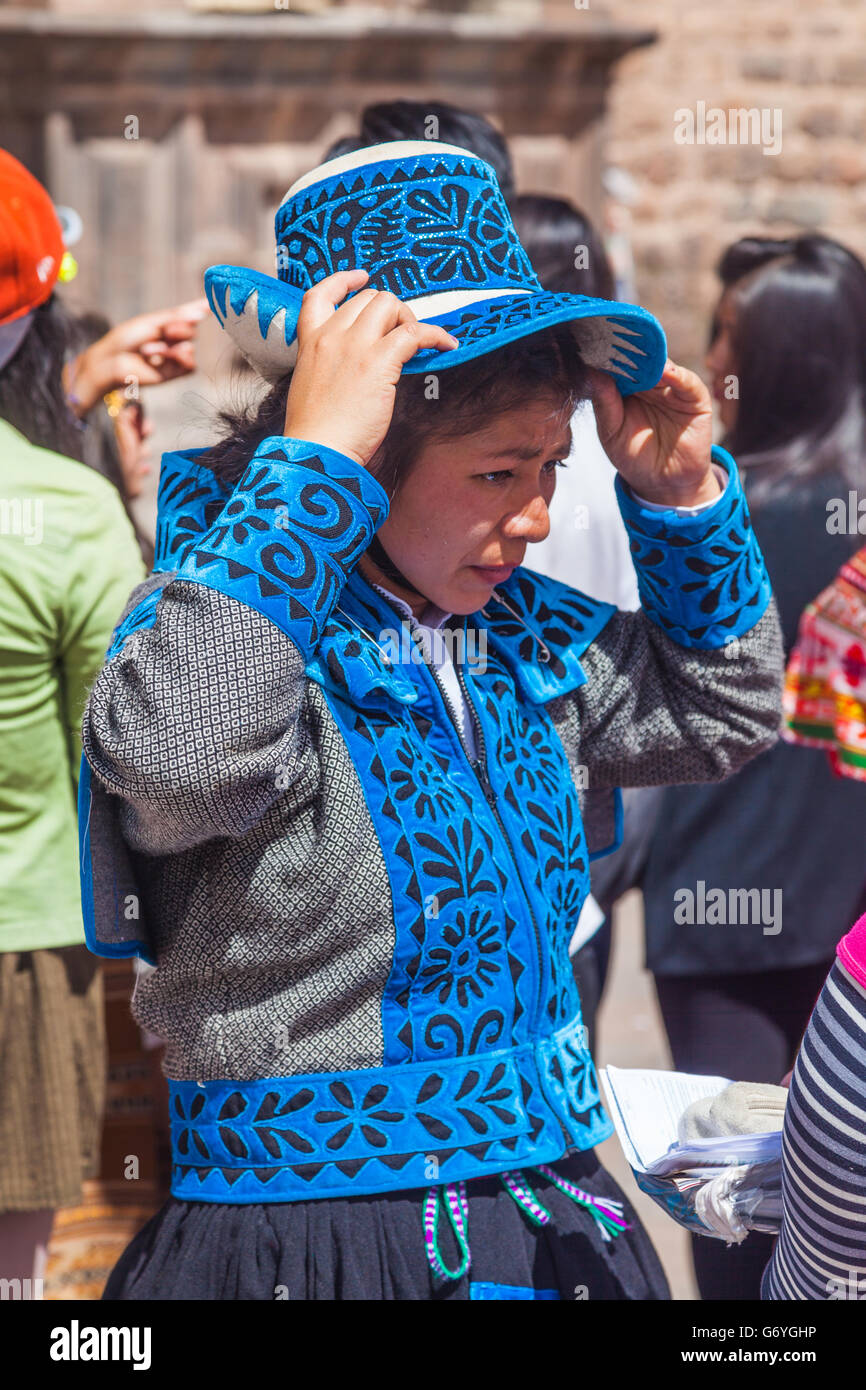 Young girl performer at a cultural dance troupe competition in Cusco ...