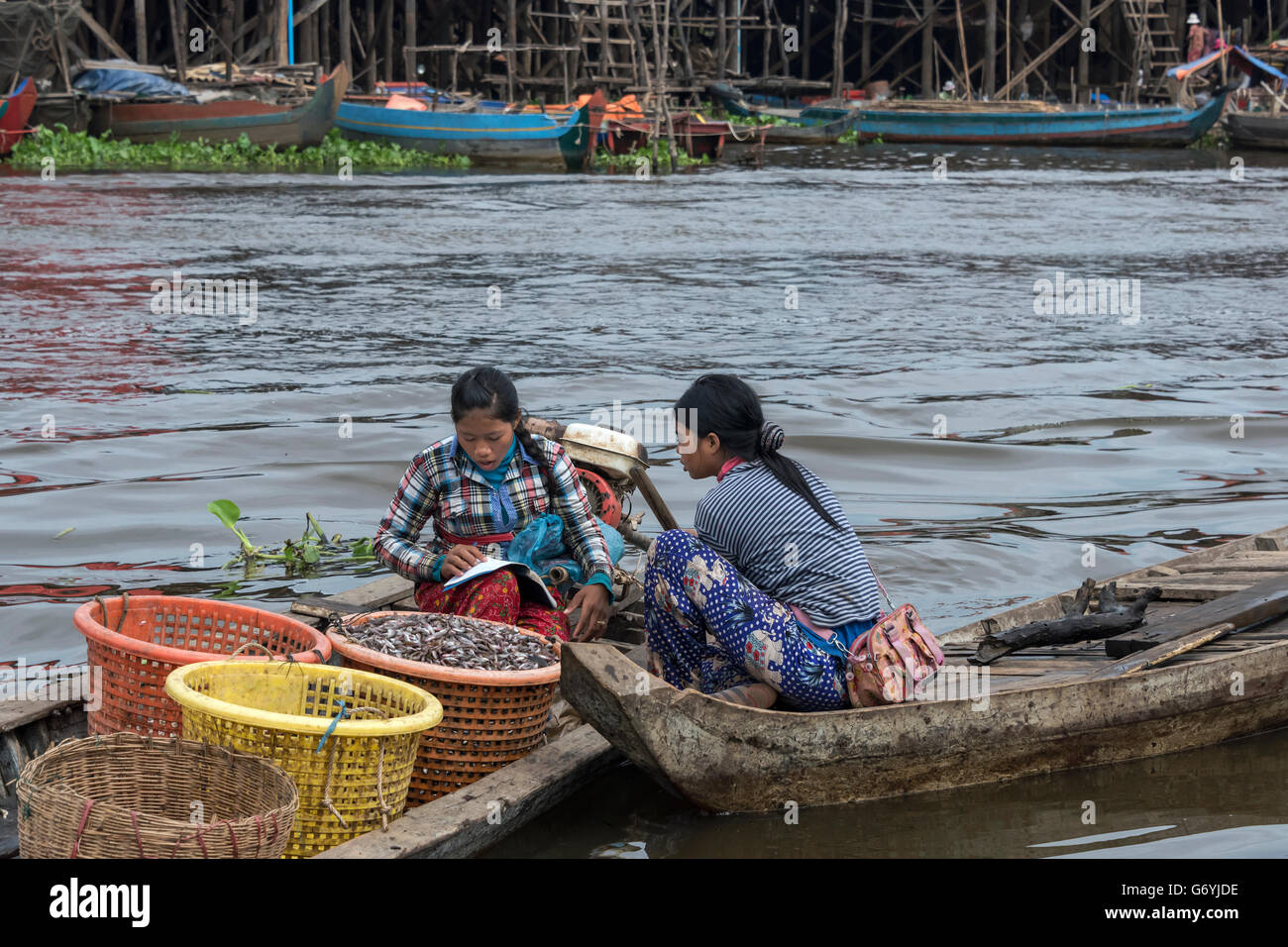 Women with a basket of small fish, Tahas River, Kampong Phluk, Cambodia ...