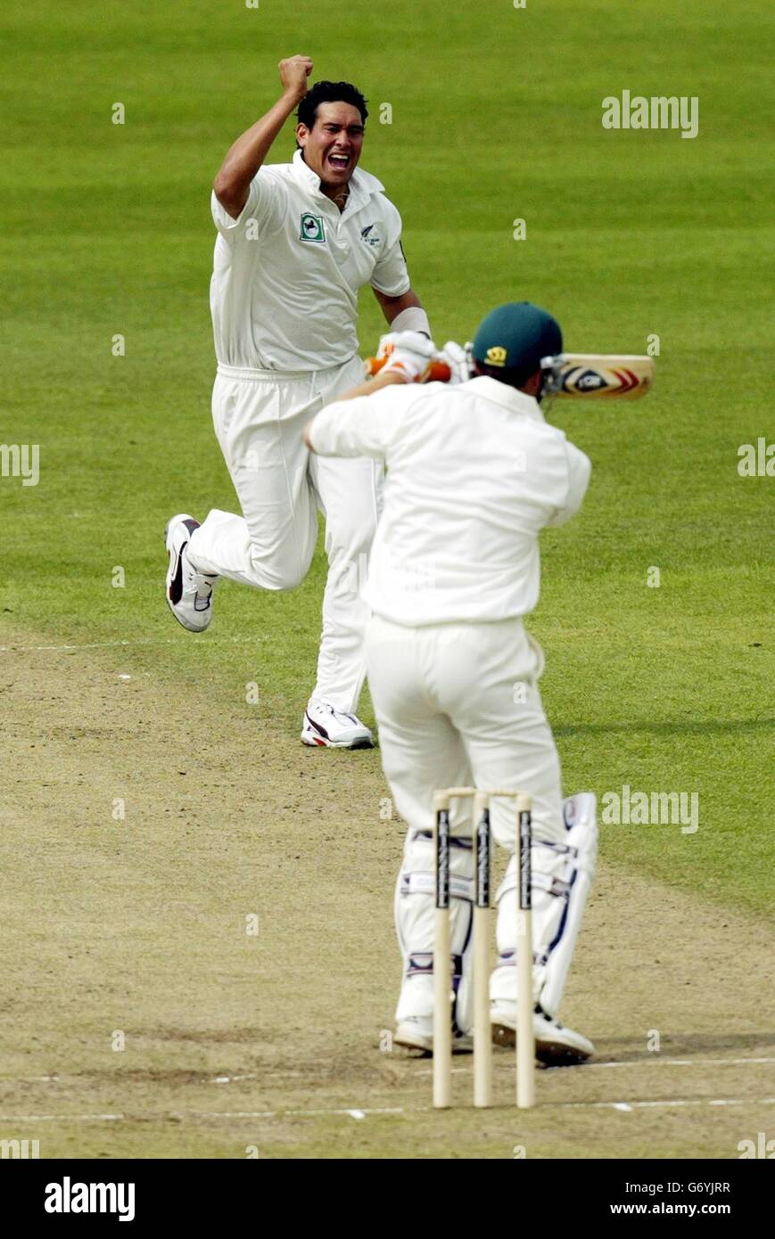 New Zealand's Daryl Tuffey (left) celebrates the wicket of ...