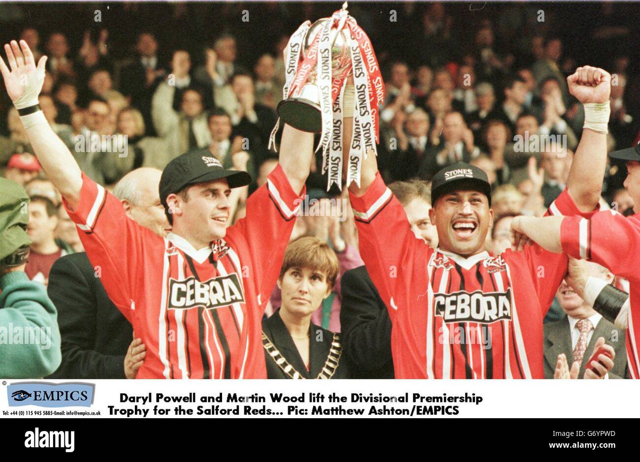 Salford skipper Steve Blakeley (left) and Sam Panapa lift the ...