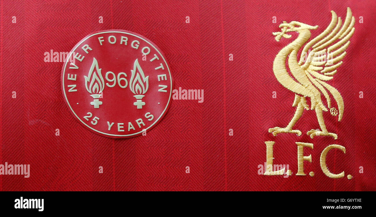 A badge is shown in memory of the Hillsborough disaster, before the ...