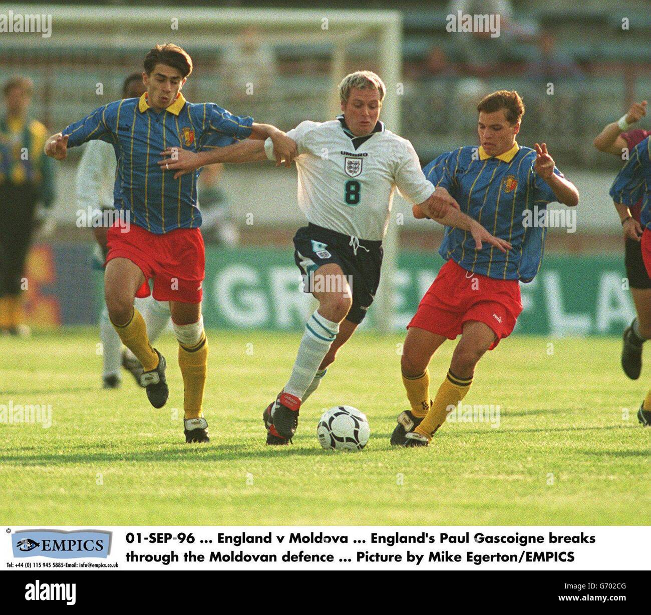 England's Paul Gascoigne breaks through the Moldovan defence Stock ...