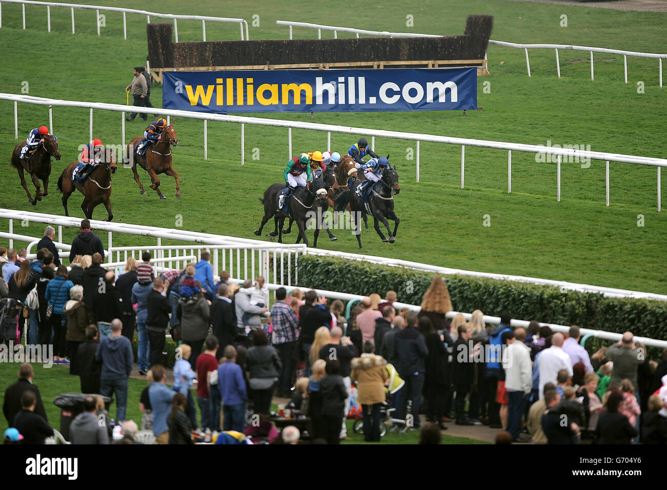 Racegoers watch as the runners and riders head for the finish line ...