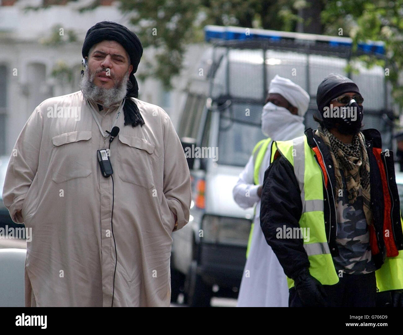 Radical Muslim cleric Abu Hamza speaks during his regular Friday prayer ...